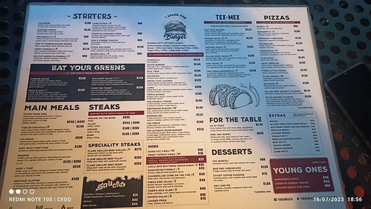 Menu at Tiger's Milk Northcliff restaurant, Randburg, Mountainview ...