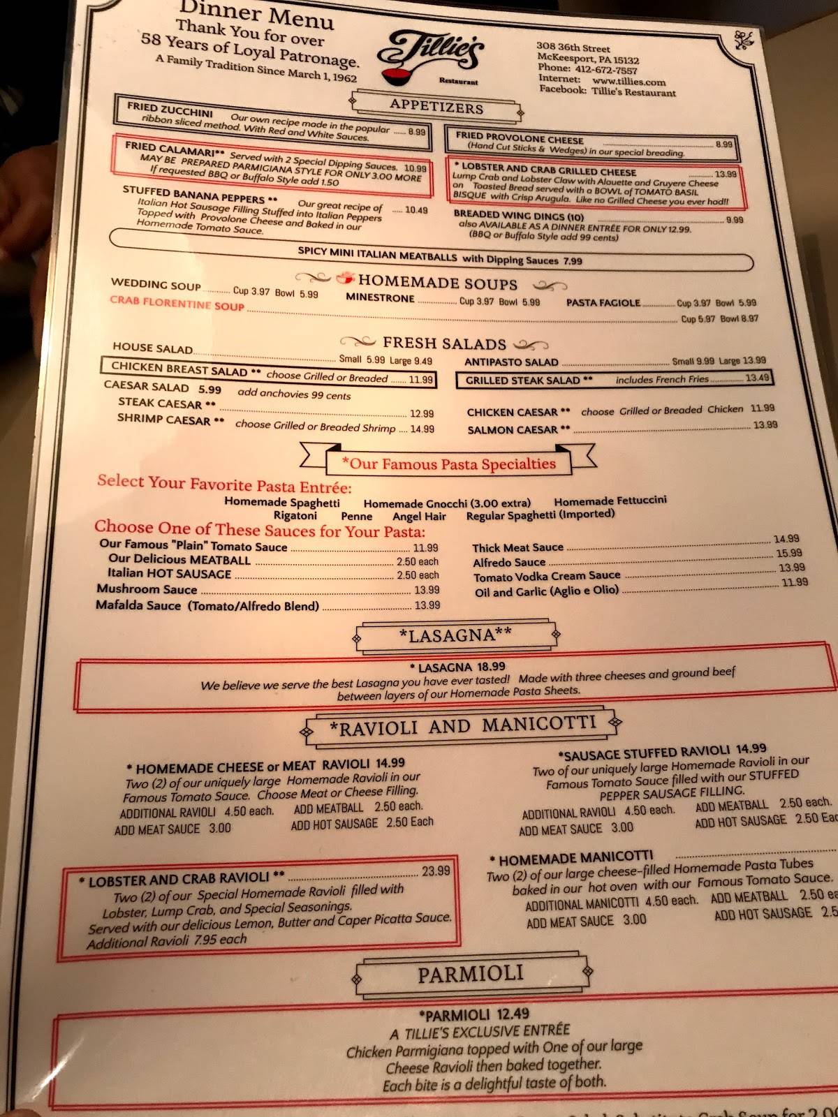 Menu at Tillie's Restaurant, McKeesport