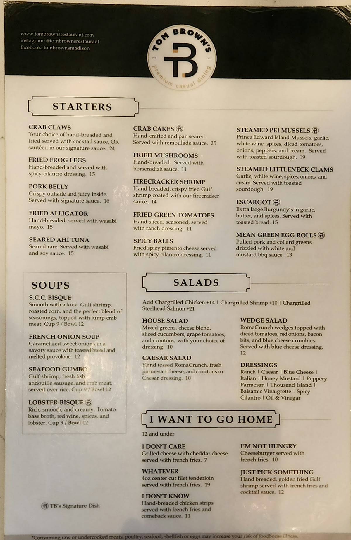 Menu at Tom Brown's Restaurant, Madison