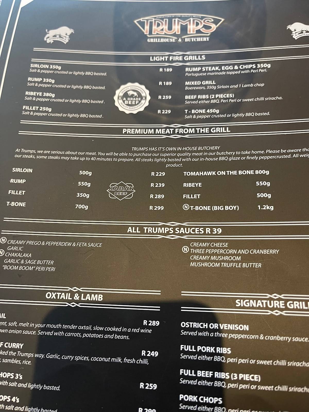 Menu at Trumps Grillhouse and Butchery pub & bar, Sandton