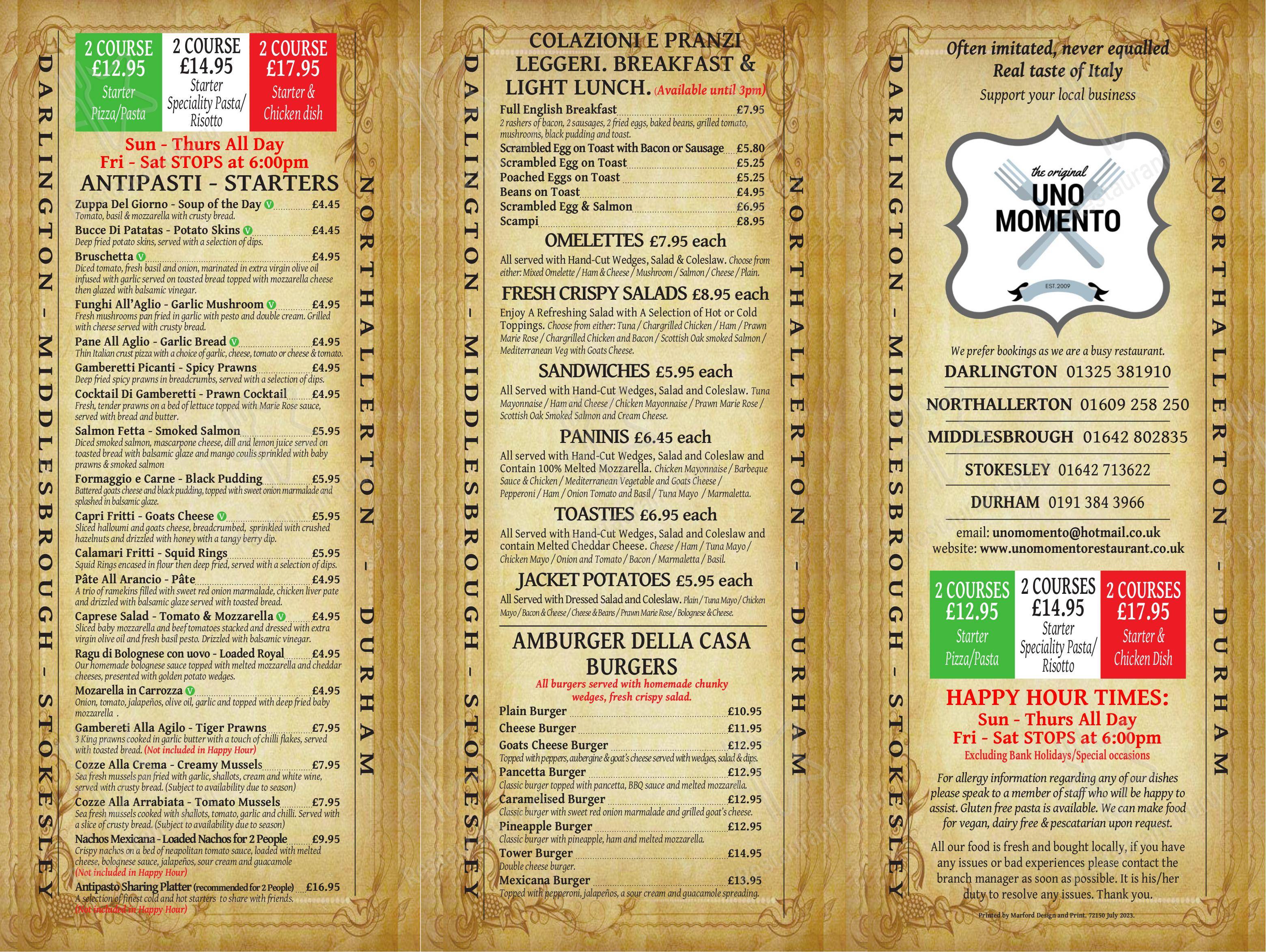 Menu at Uno Momento pub & bar, Darlington