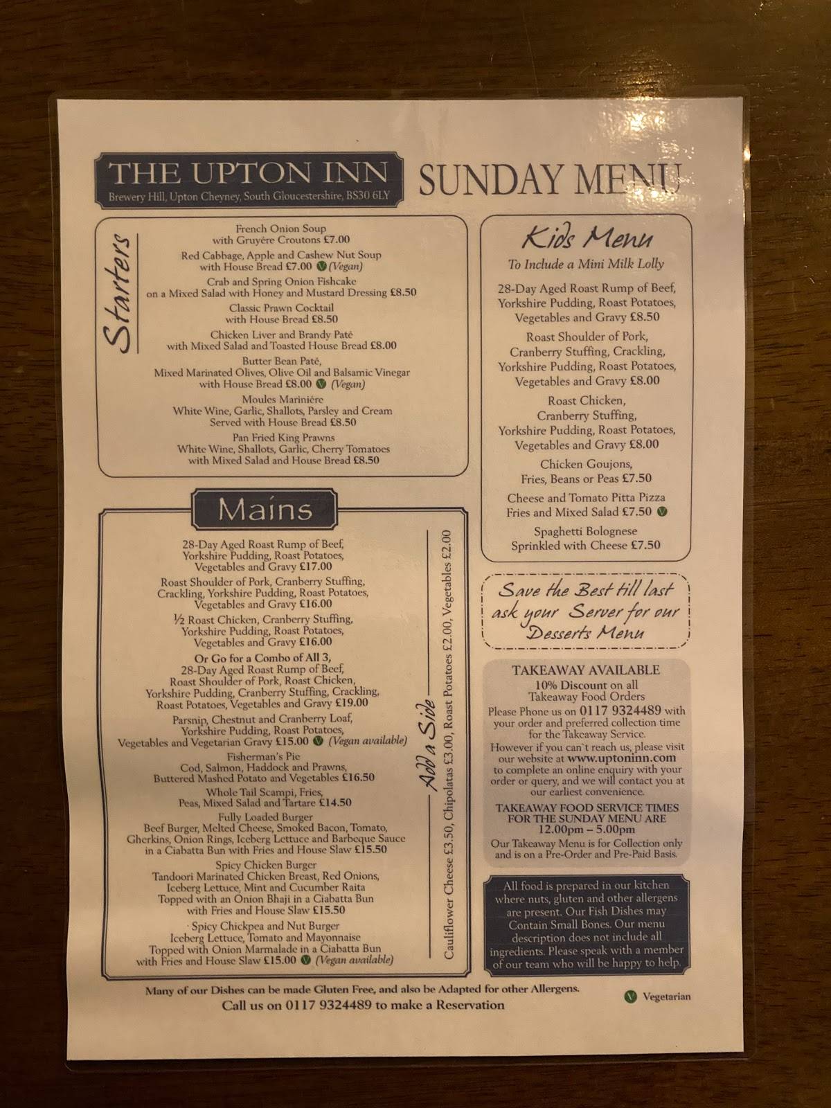 Menu at The Upton pub & bar, Bristol