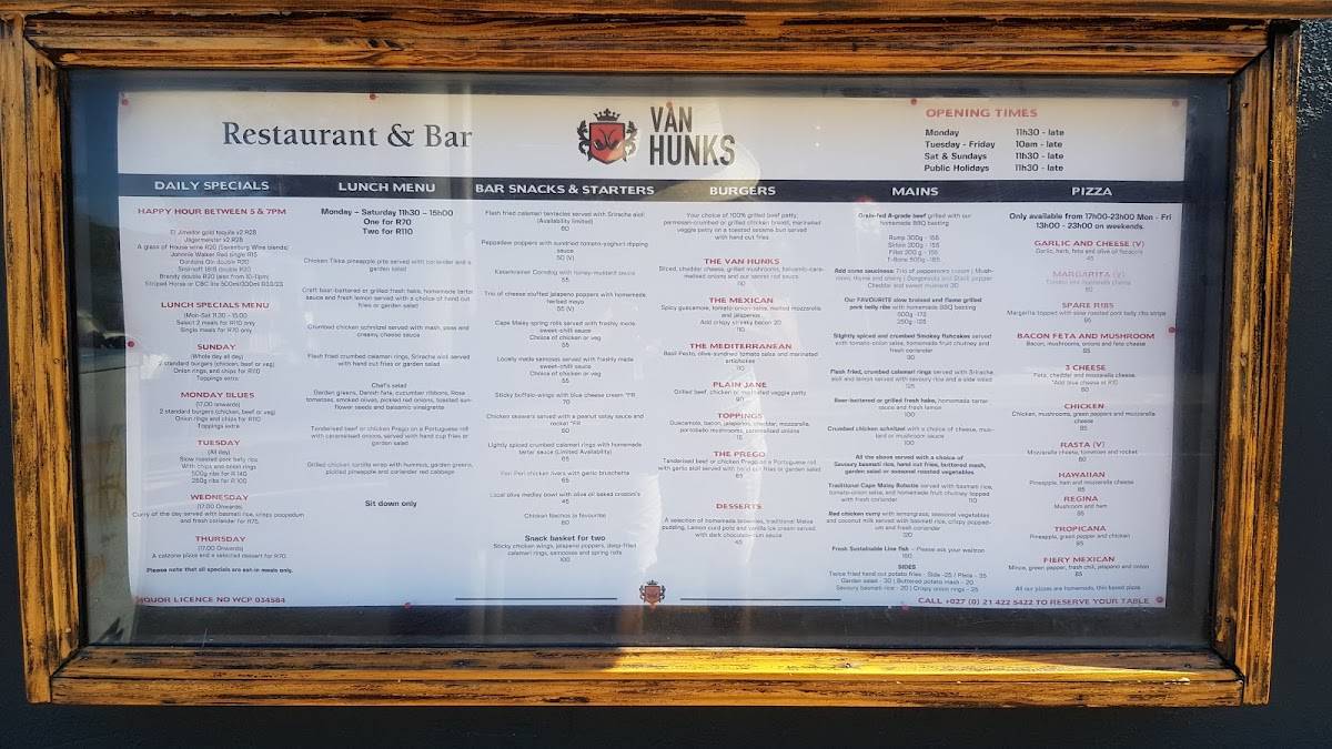 Menu at Van Hunks pub & bar, Cape Town