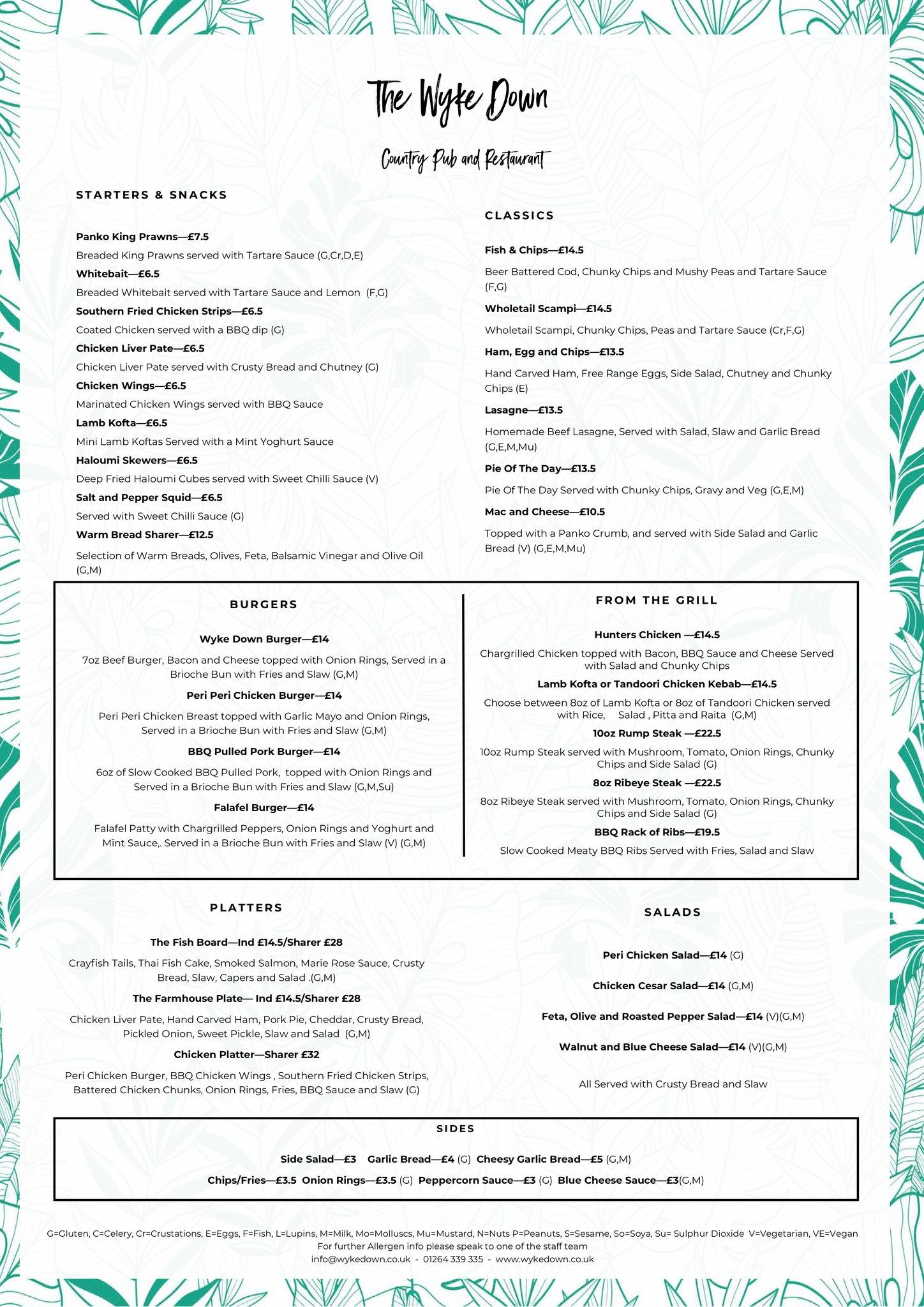 Menu at Wyke Down Country Pub & Restaurant, Andover