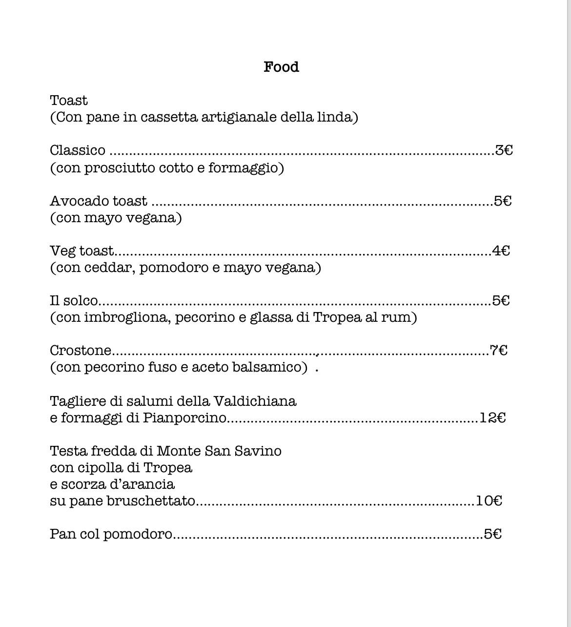 Menu da Il Solco pub & bar, Cortona