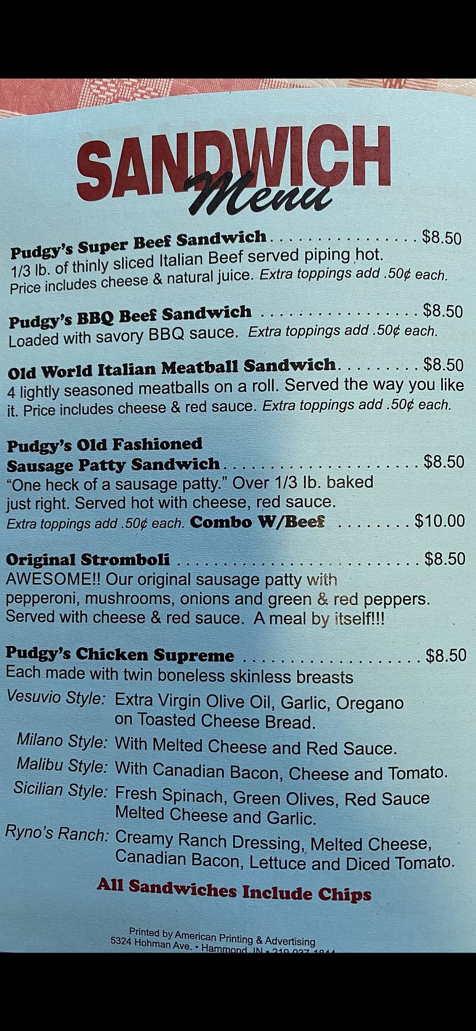 Menu at Pudgy's Pizza & Sandwiches pizzeria, Chicago