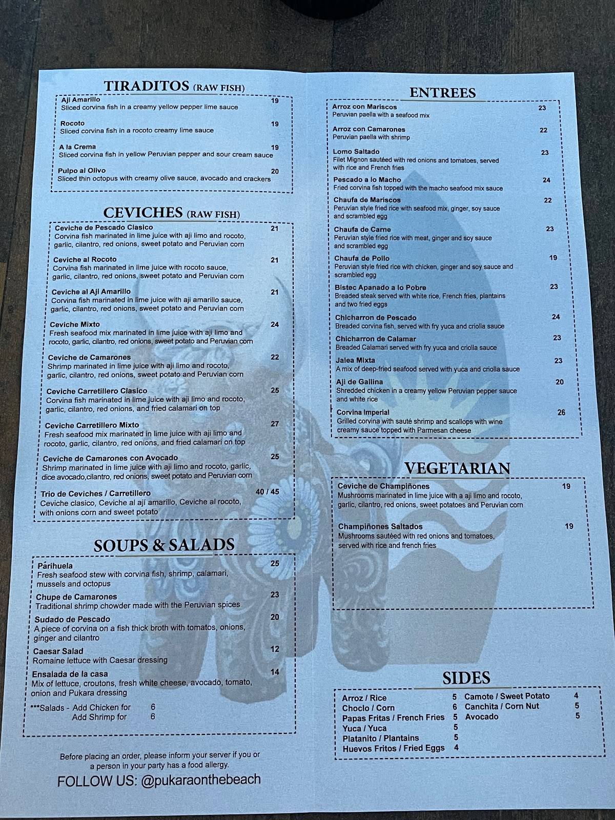 Menu at Pukara Peruvian Cuisine on the beach restaurant, Deerfield Beach