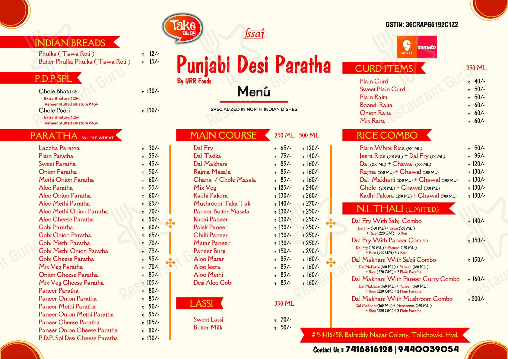 Menu at Punjabi Desi Paratha, Hyderabad