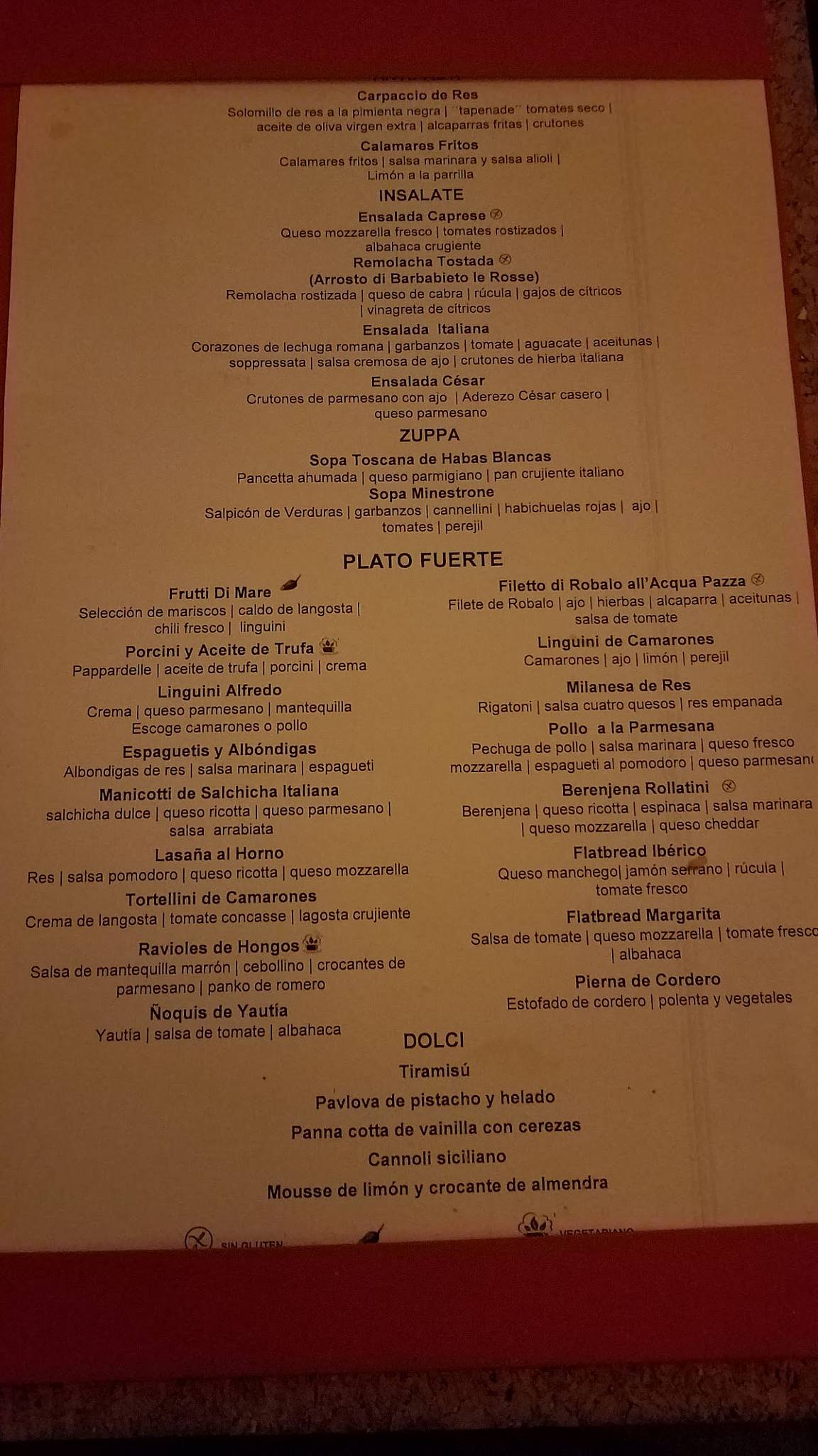 Menu at Ipanema restaurant, Punta Cana