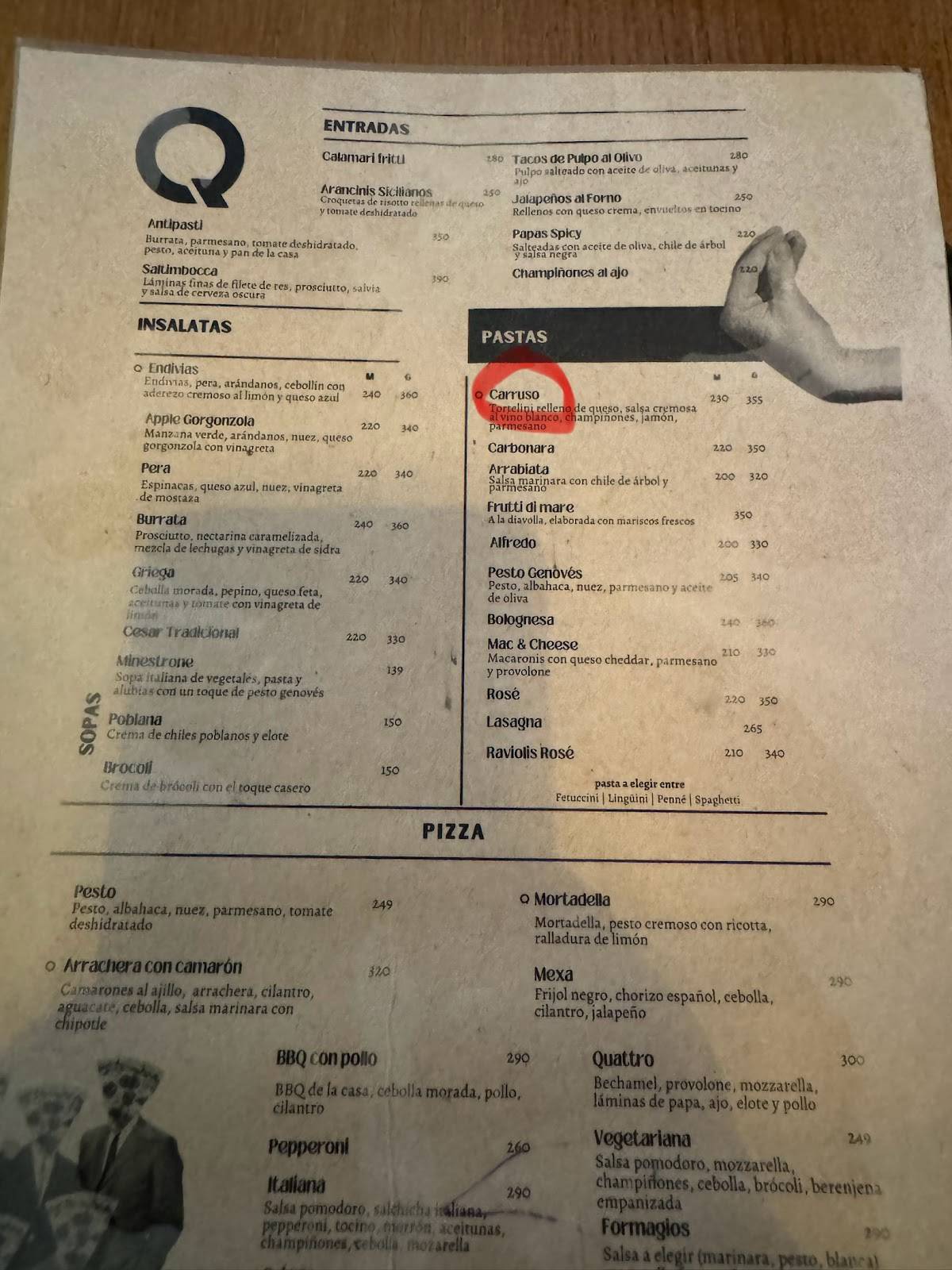 Carta de pizzería Quattro Fogon Italiano, Tijuana