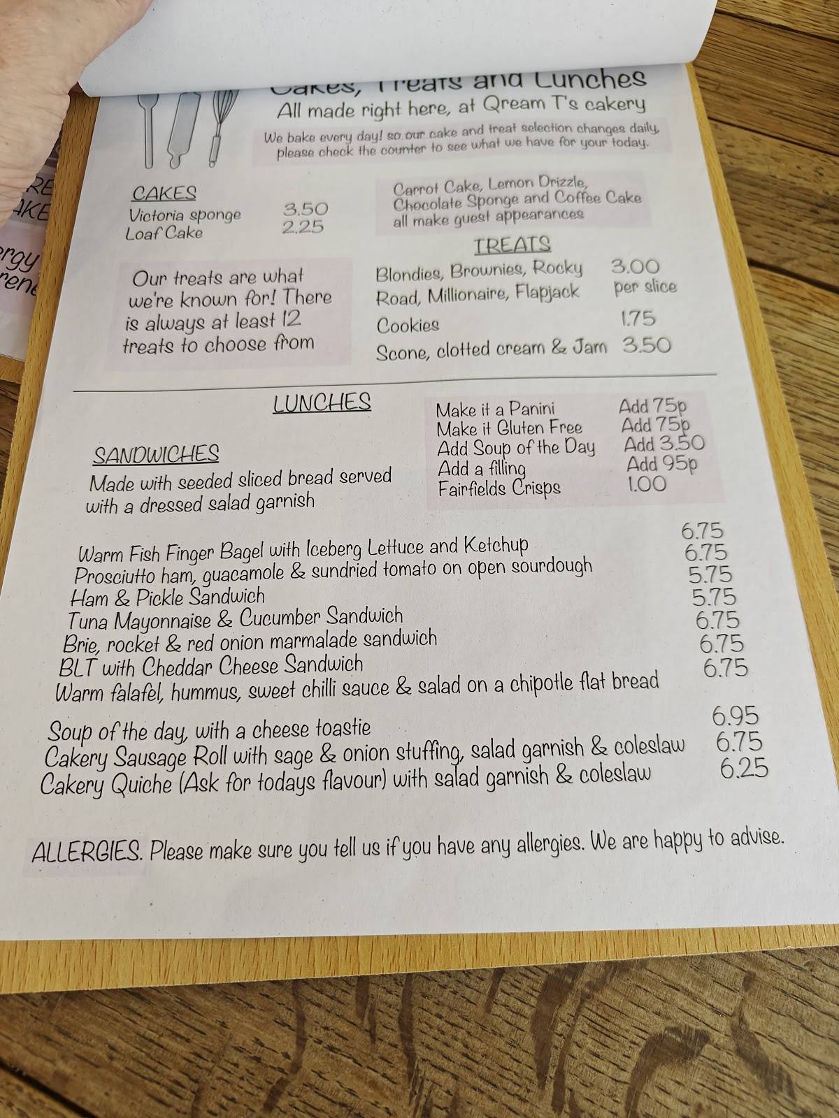 Menu at Qream T's Cakery by Turner and Co cafe, Mirfield