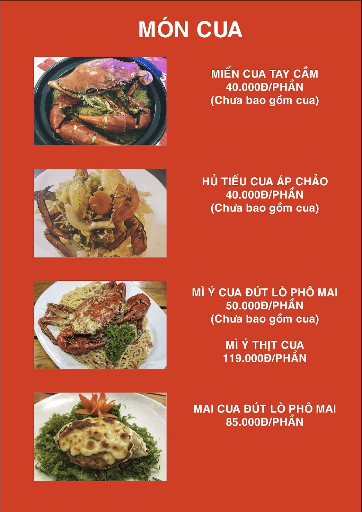 Menu at Quán Cua Hoa restaurant, Ho Chi Minh City