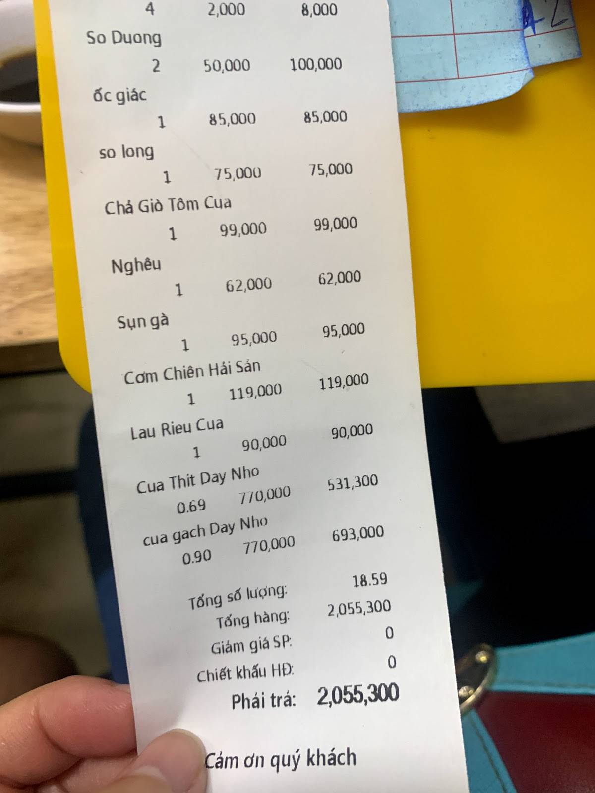 Menu at Quán Cua Hoa restaurant, Ho Chi Minh City