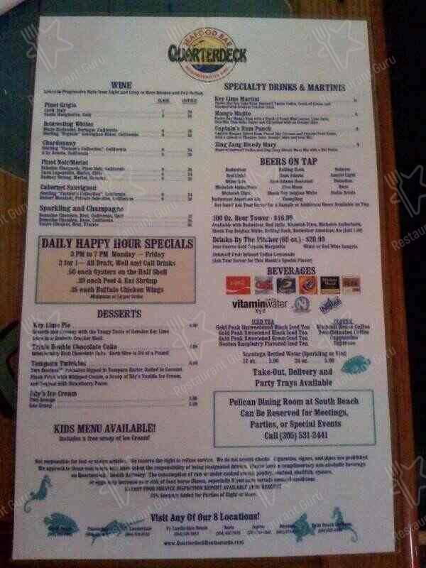 Menu at Quarterdeck restaurant, Miami Beach