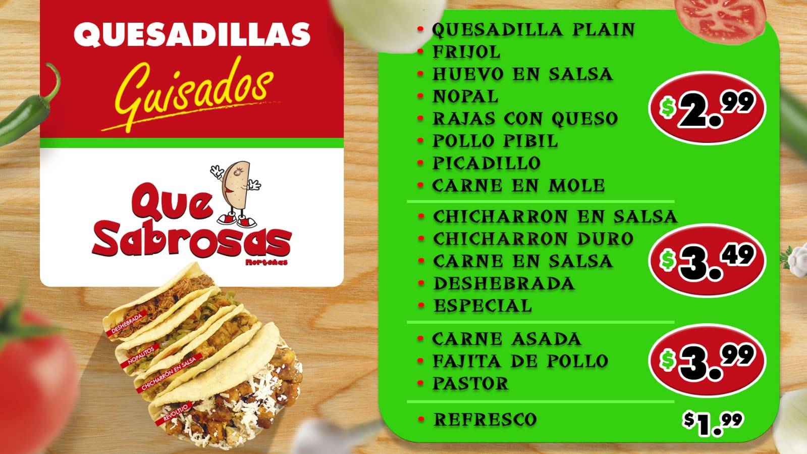Menu at Que Sabrosas restaurant, Laredo, McPherson Rd #104