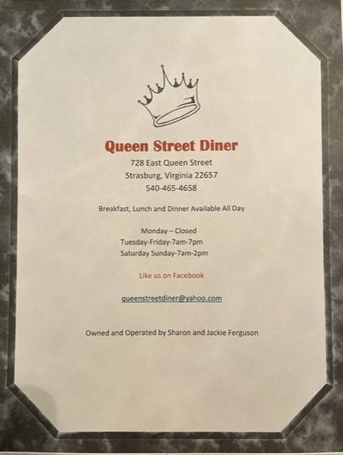 Menu at Queen Street Diner fast food, Strasburg