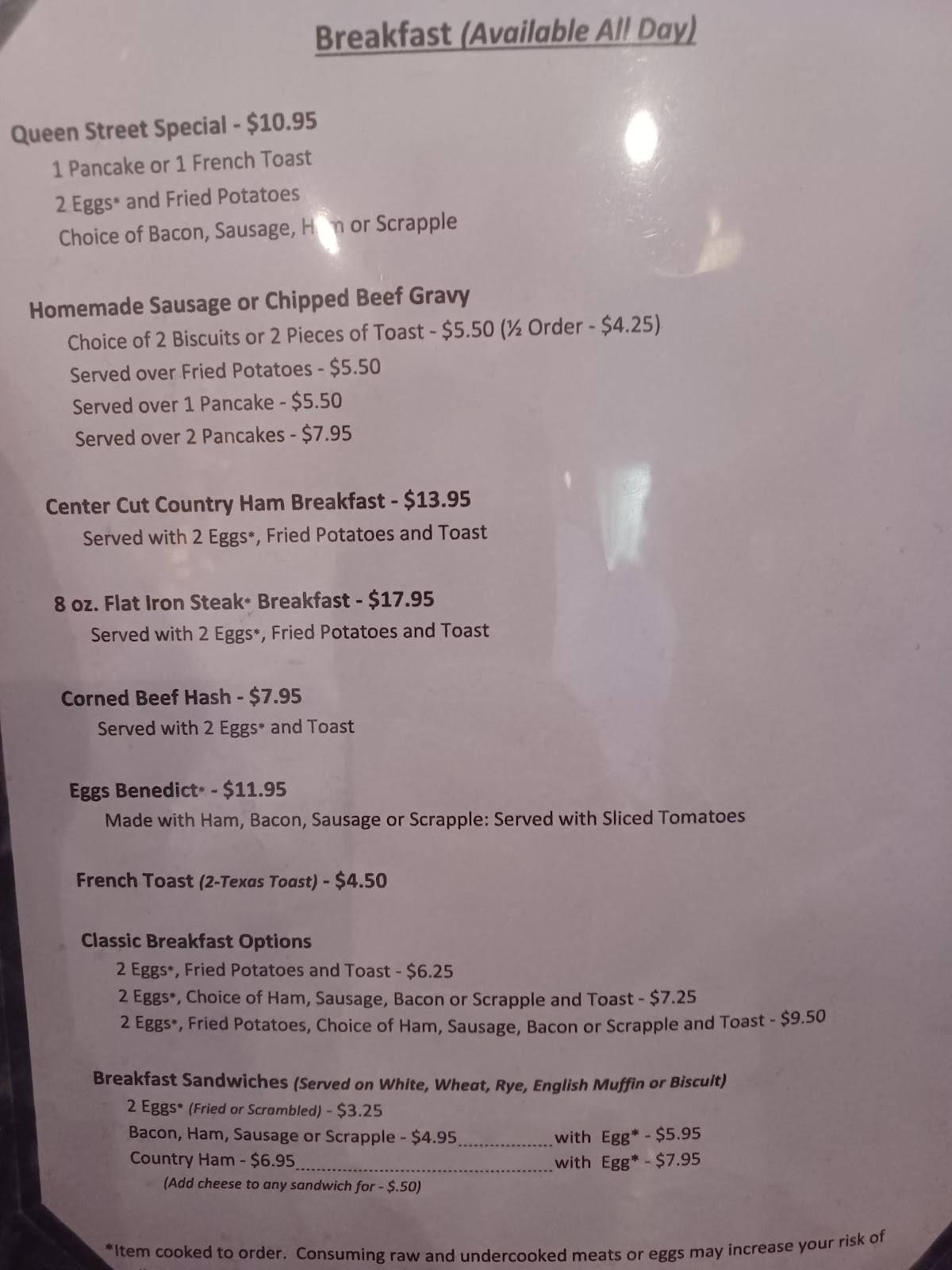 Menu at Queen Street Diner restaurant, Strasburg