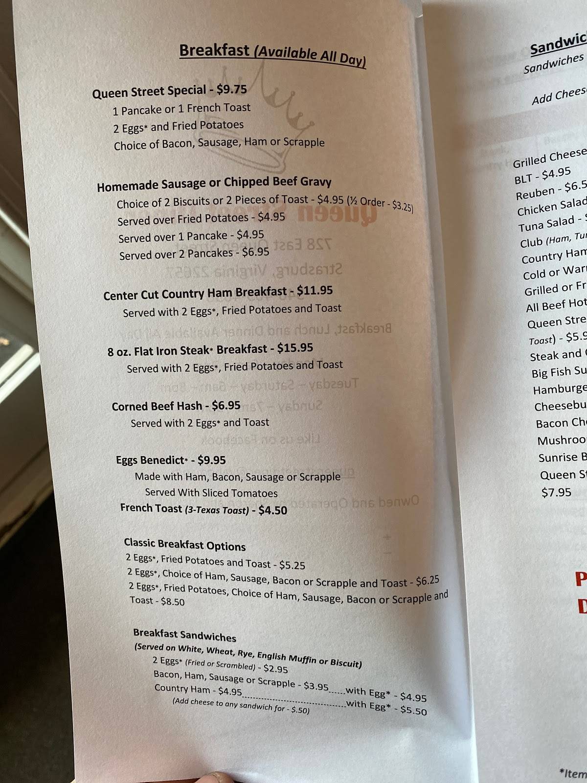 Menu at Queen Street Diner restaurant, Strasburg