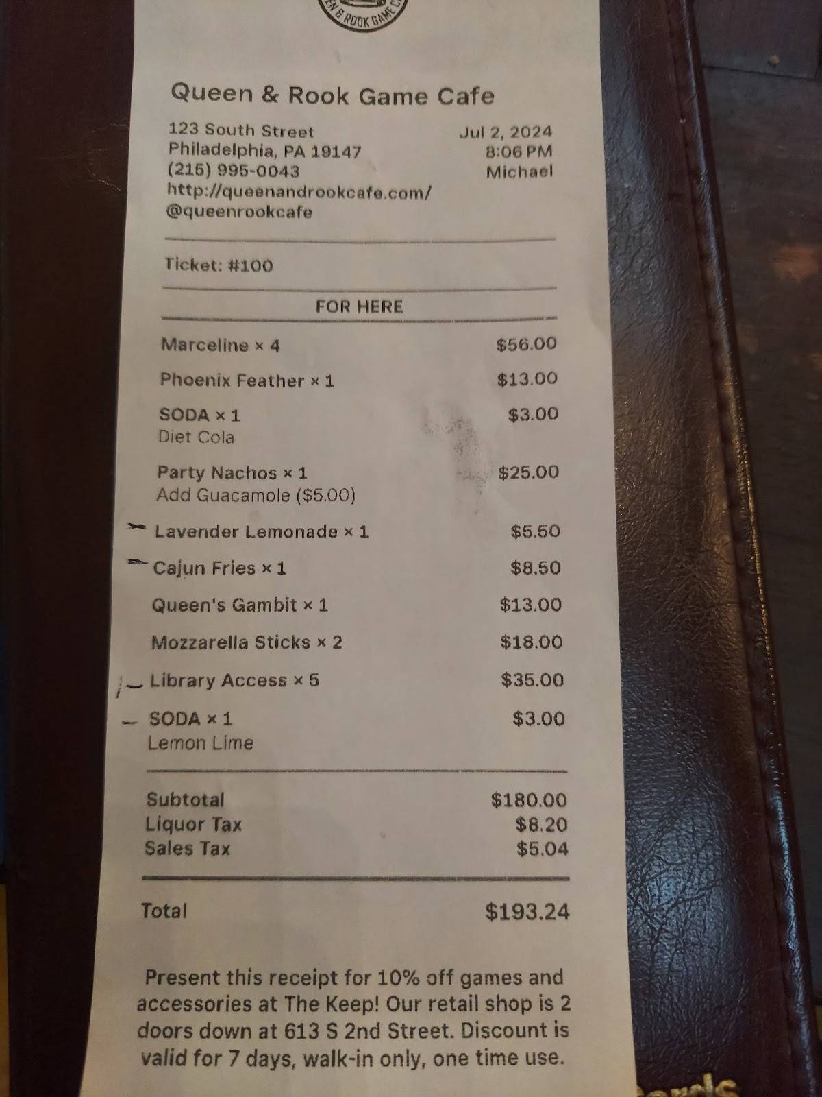 Carta de Queen & Rook Game Cafe, Filadelfia