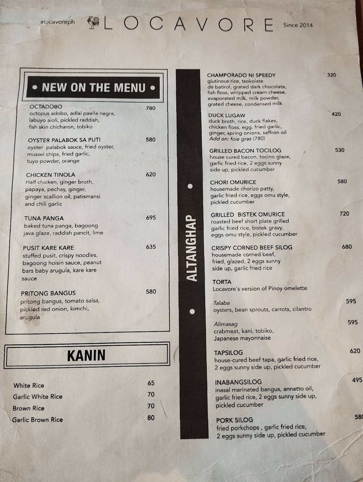 Menu at Locavore Eastwood restaurant, Quezon City