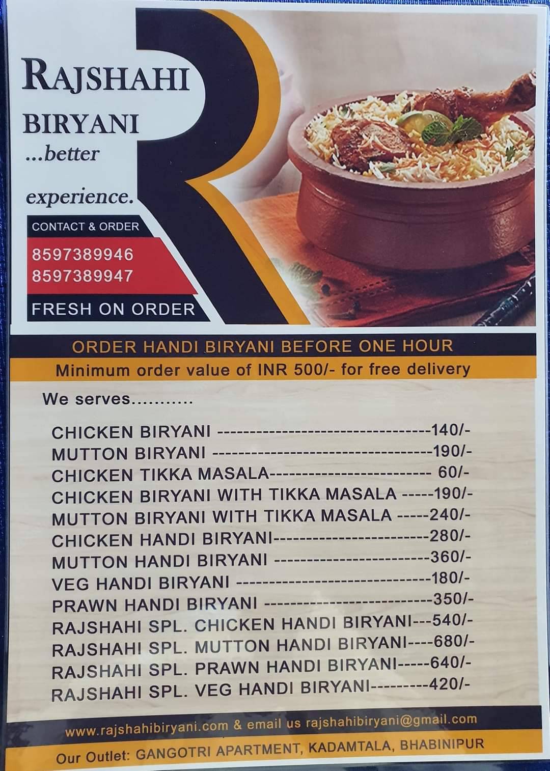 Menu at RAJSHAHI BIRYANI, Haldia