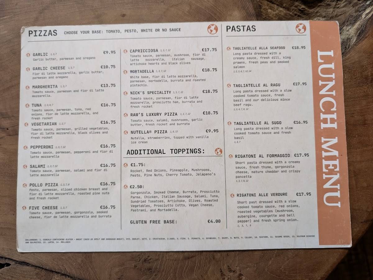 Menu at RAW Interiors & Cafe/Pizzeria, Killaloe