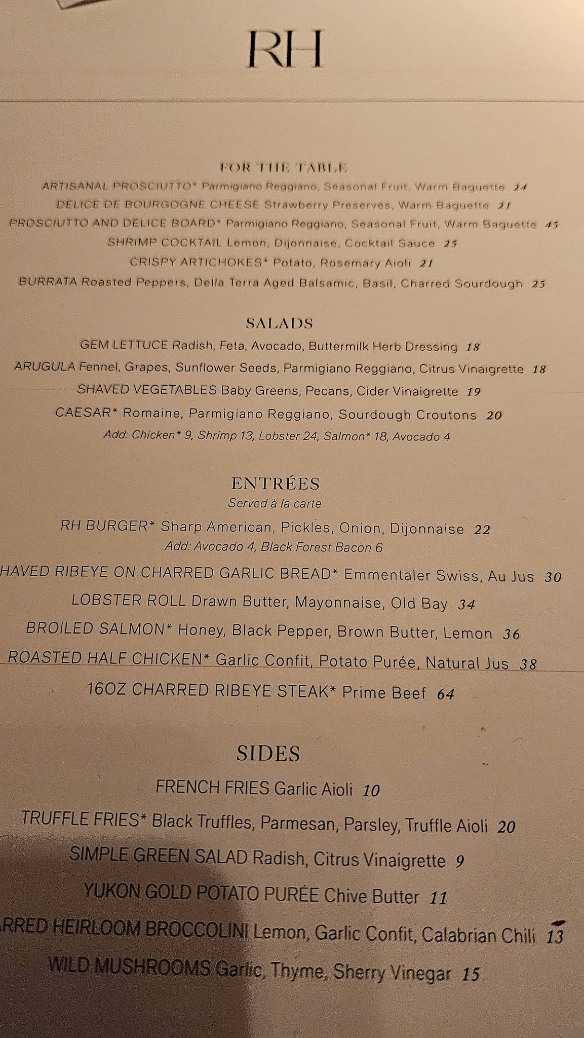 Menu at RH Rooftop Restaurant Oak Brook, Oak Brook