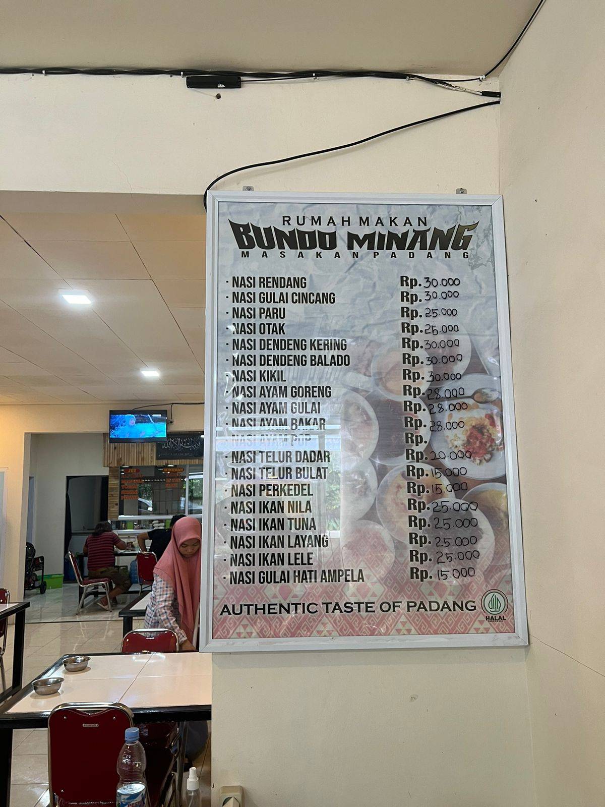 Menu at RM Bundo Minang restaurant, Indonesia