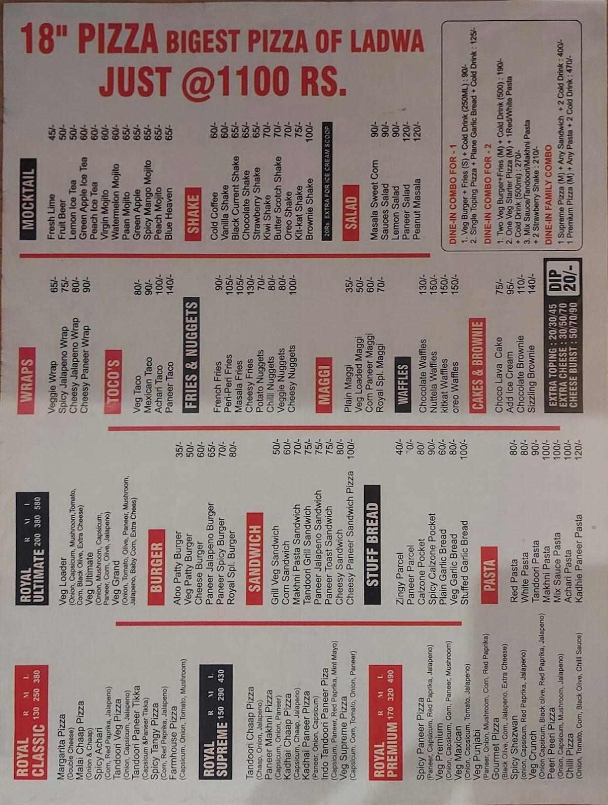 Menu at ROYAL PIZZA HUB, Ladwa