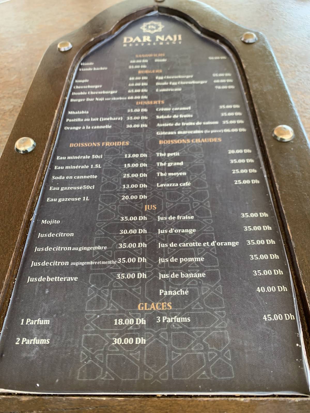 Carta del restaurante Dar Naji, Rabat, Av. des Forces Armées Royales