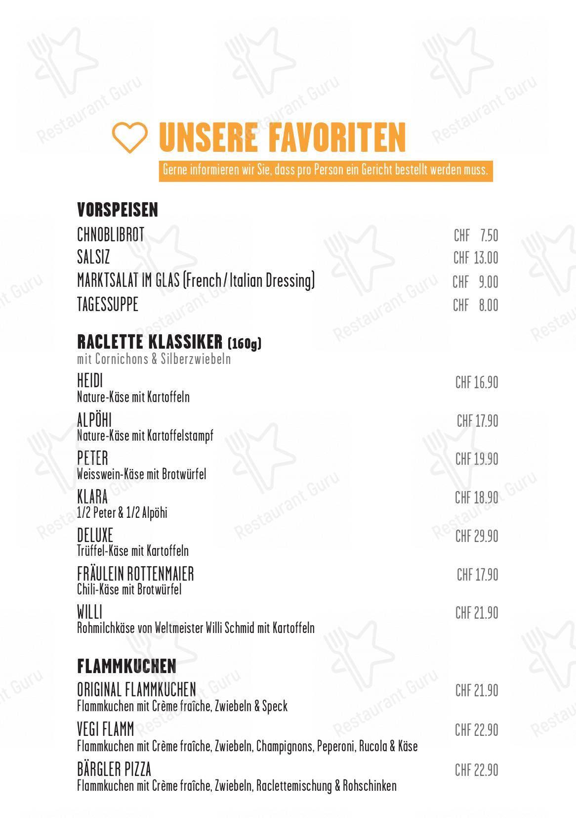 Speisekarte von Raclette Factory, Zürich