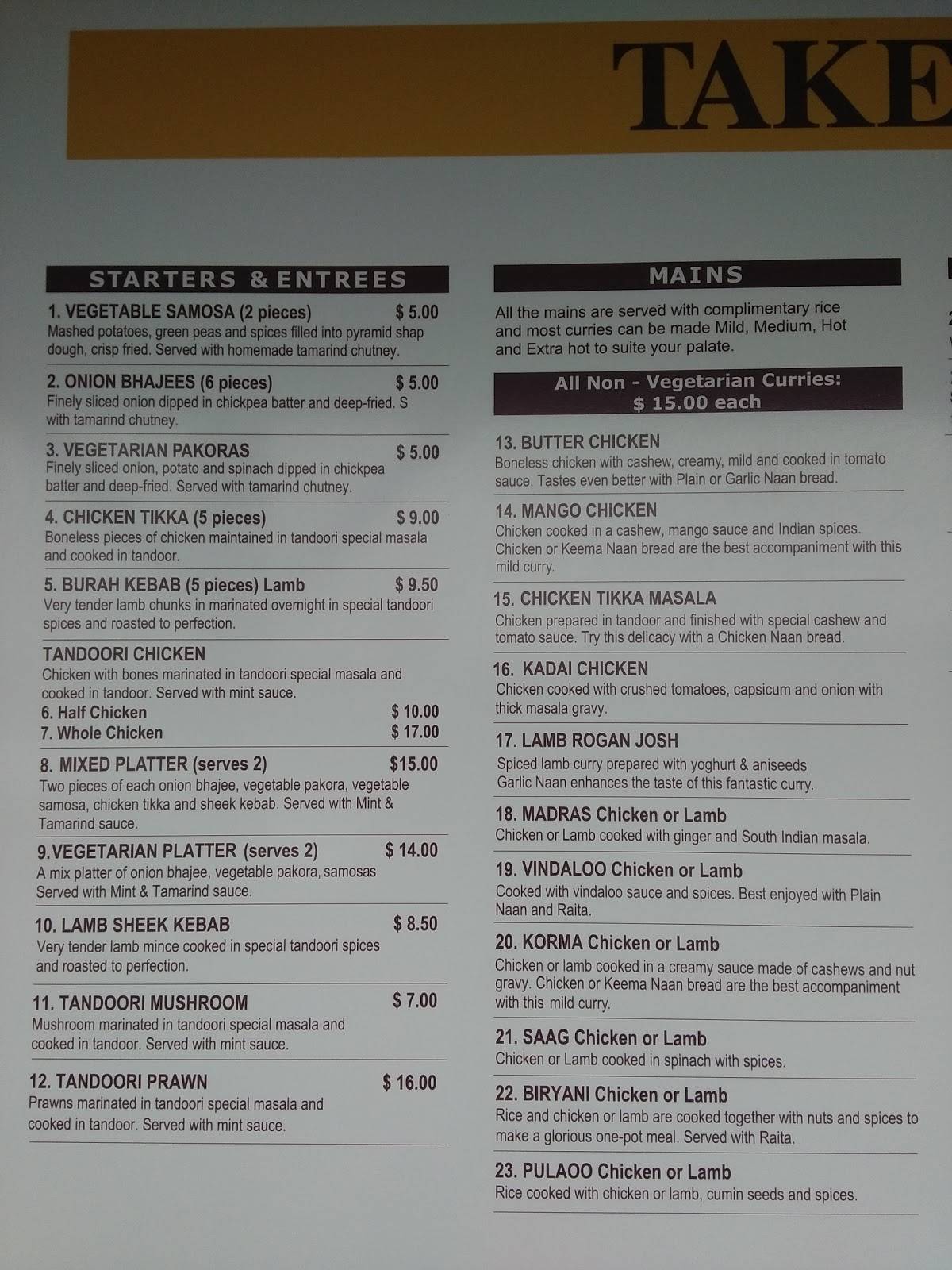Menu at Raj Indian Restaurant, Balclutha