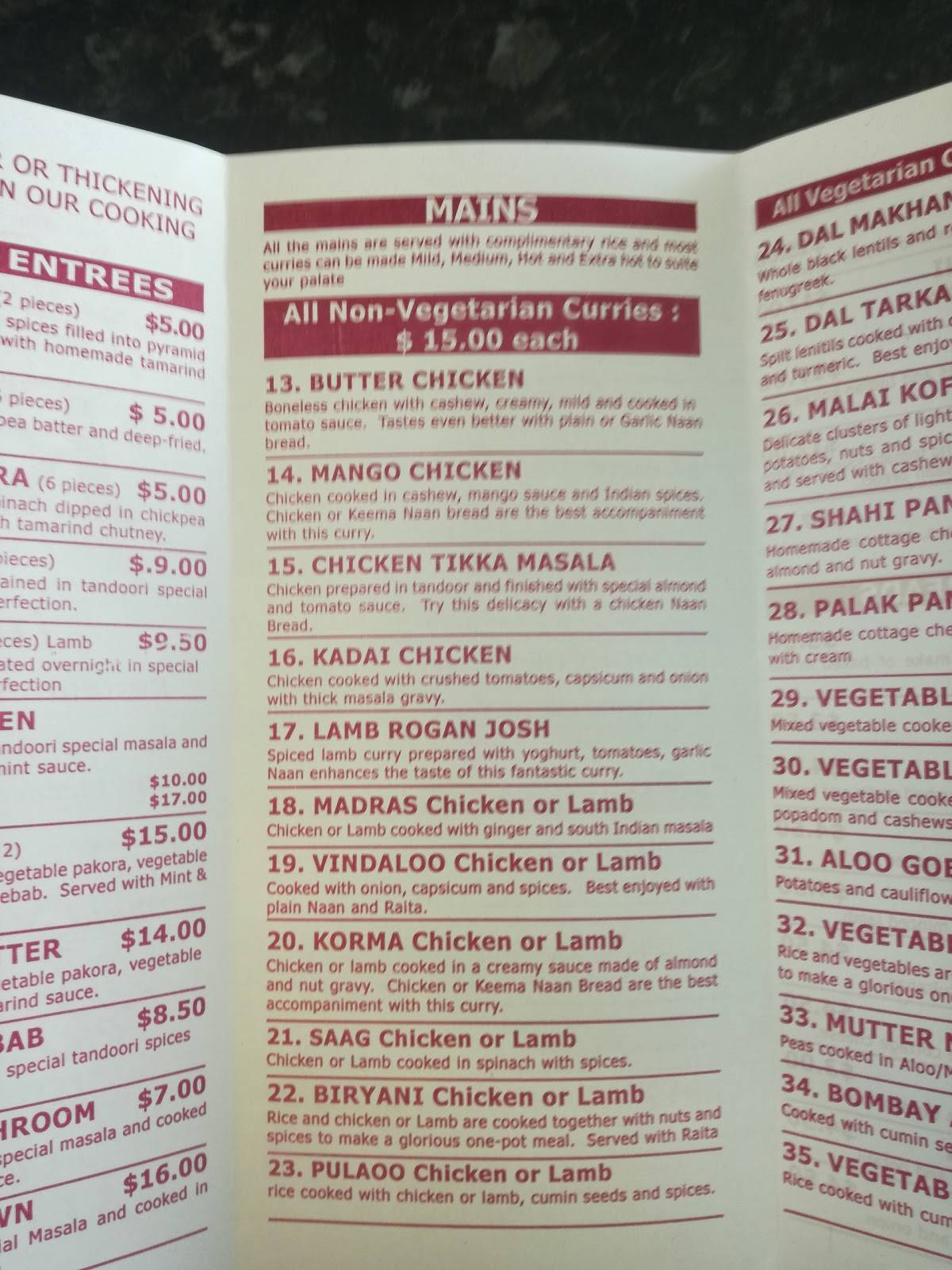 Menu at Raj Indian Restaurant, Balclutha