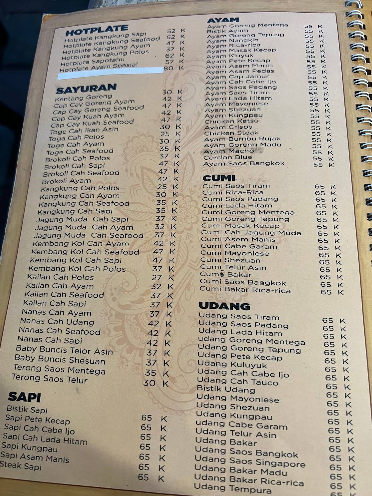 Menu at Raj's Tandoor, Setiabudi restaurant, South Jakarta