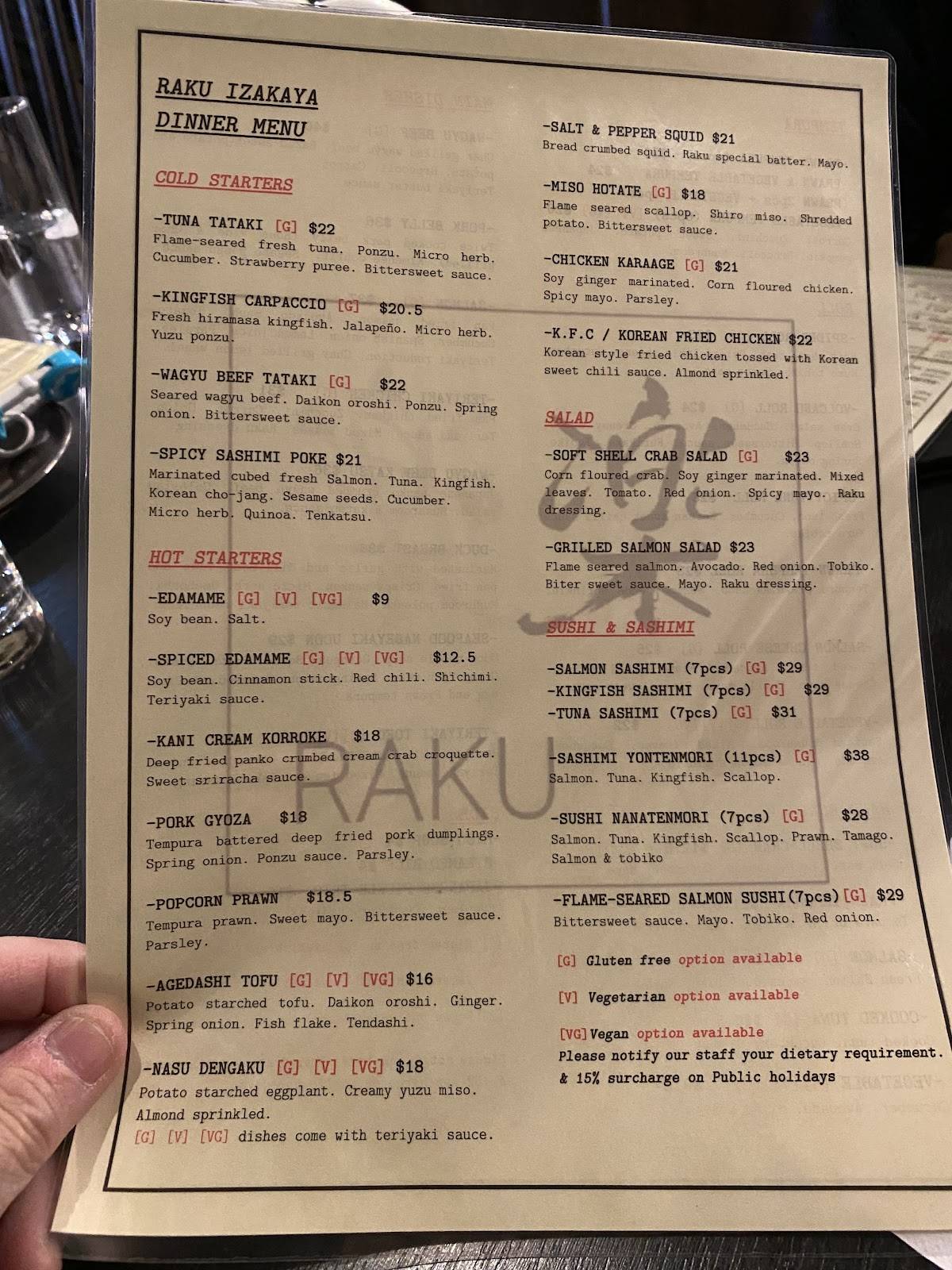 Menu at Raku Izakaya restaurant, Orange