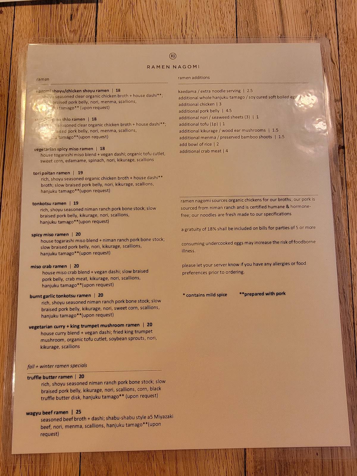 Menu at Ramen Nagomi restaurant, New Brunswick