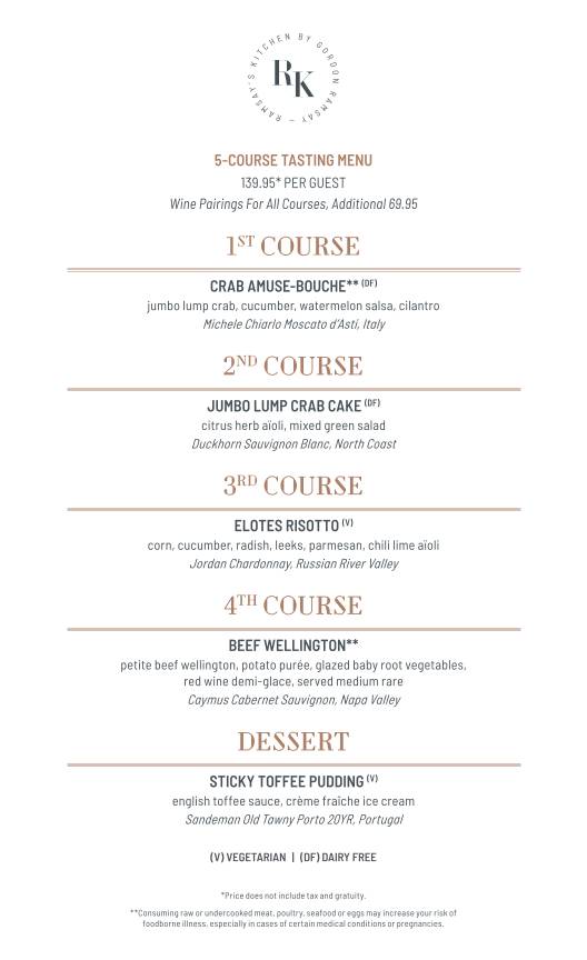 Menu at Ramsay's Kitchen restaurant, Las Vegas