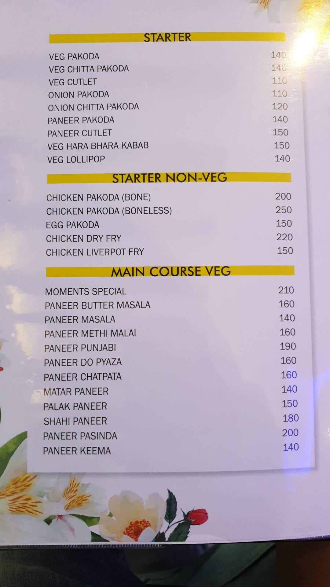 Menu at Moments Resort, Ranchi
