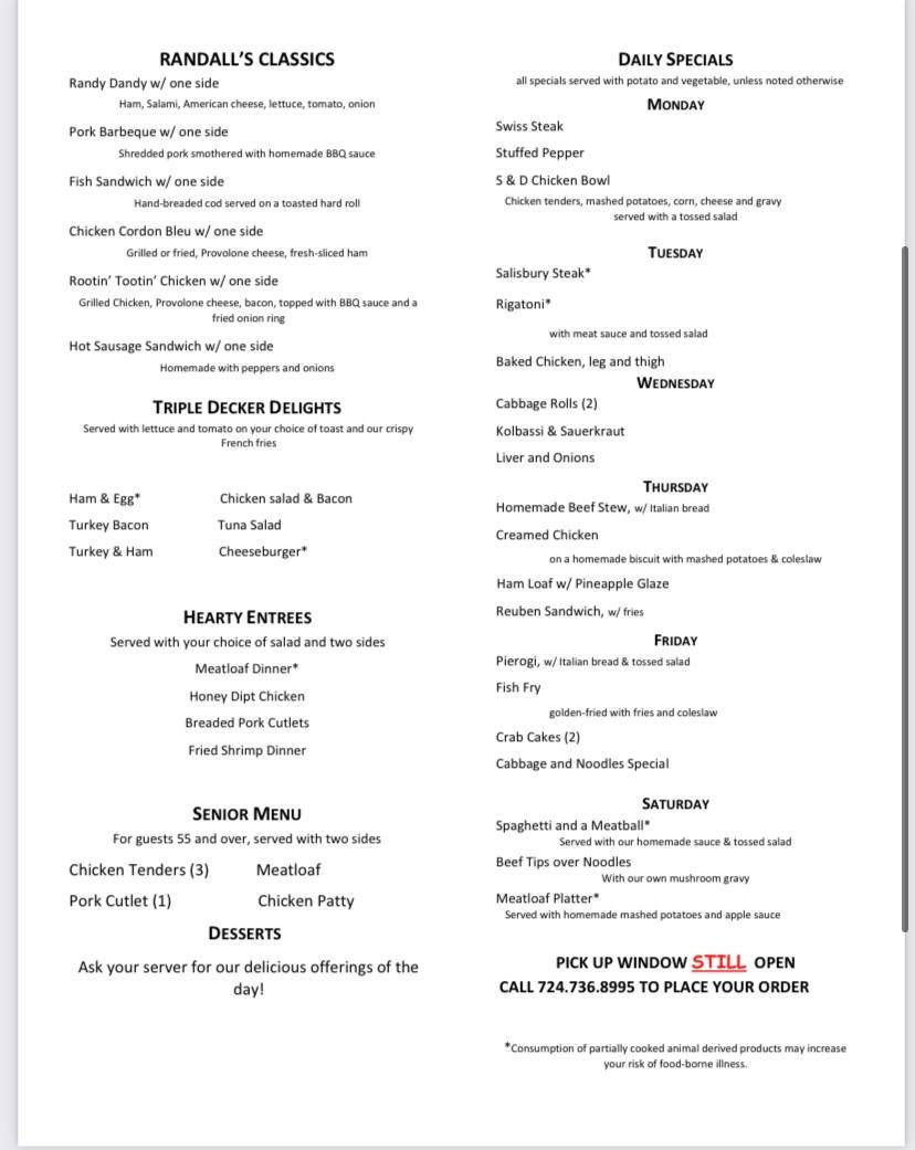 Menu at Randall's Restaurant, Perryopolis, Pittsburgh St