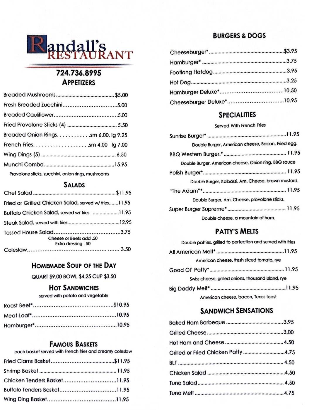 Menu at Randall's Restaurant, Perryopolis, Pittsburgh St