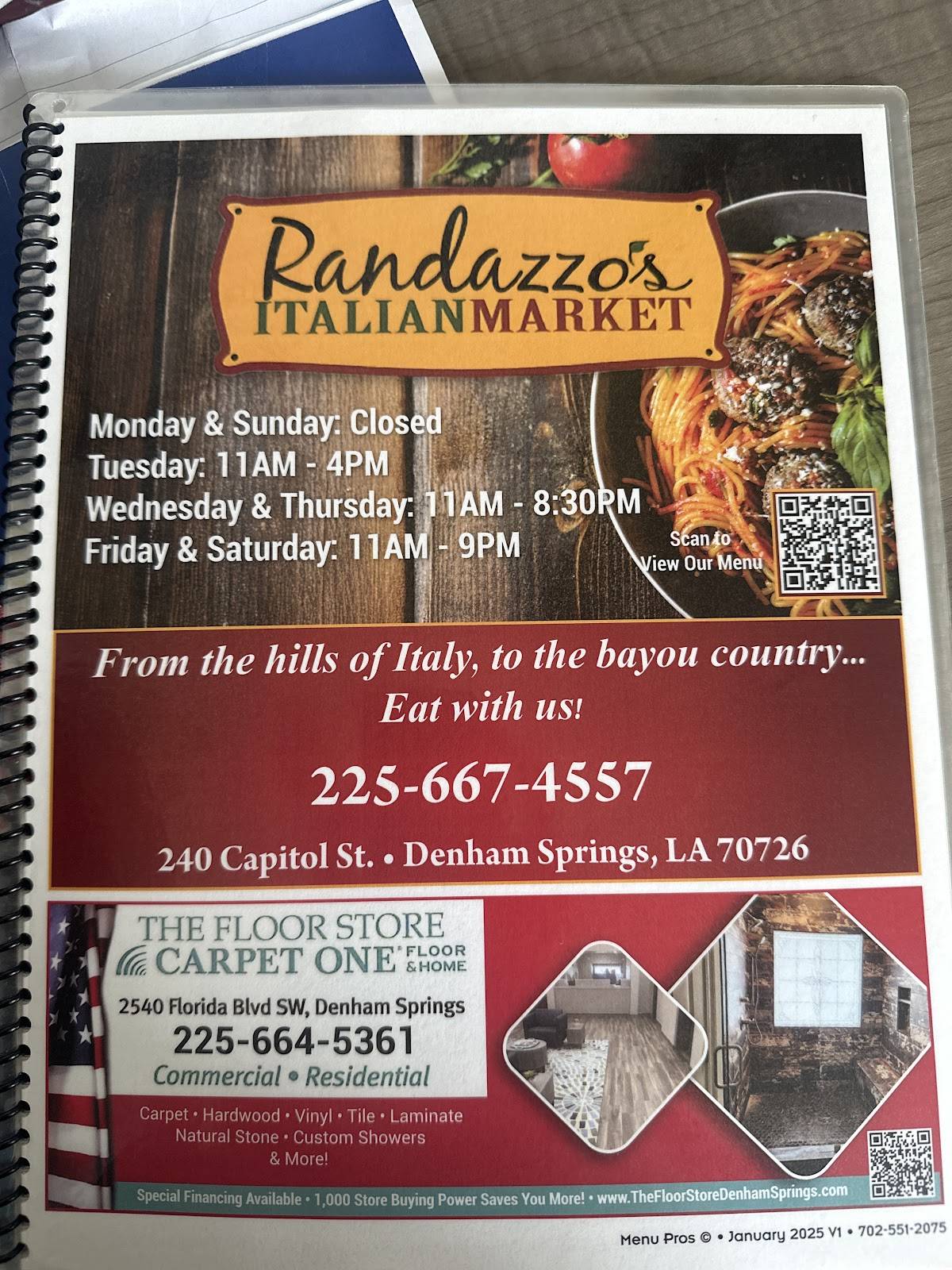 Menu at Randazzo’s Italian Market restaurant, Denham Springs
