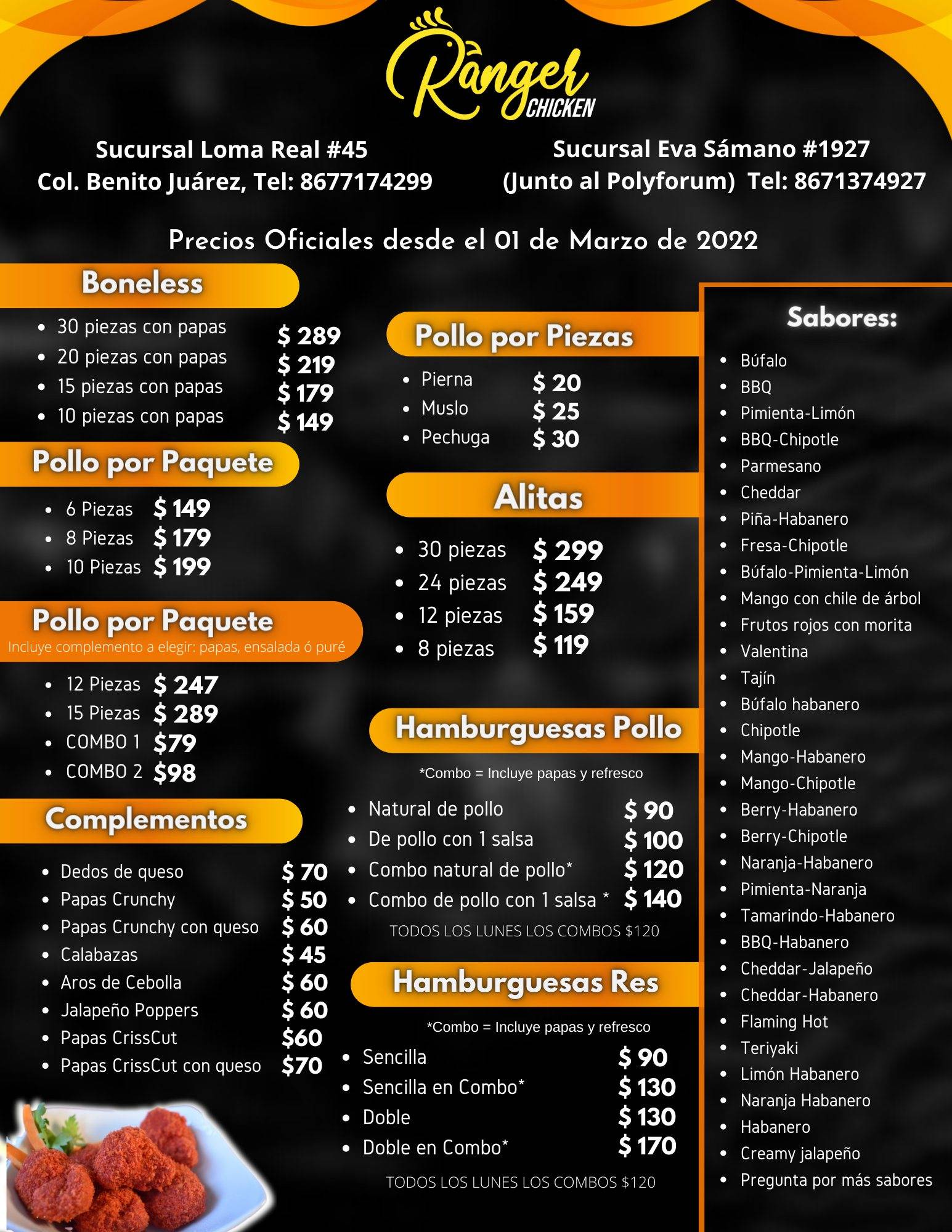 Carta del restaurante Ranger chicken, Nuevo Laredo, C. P.º Loma Real