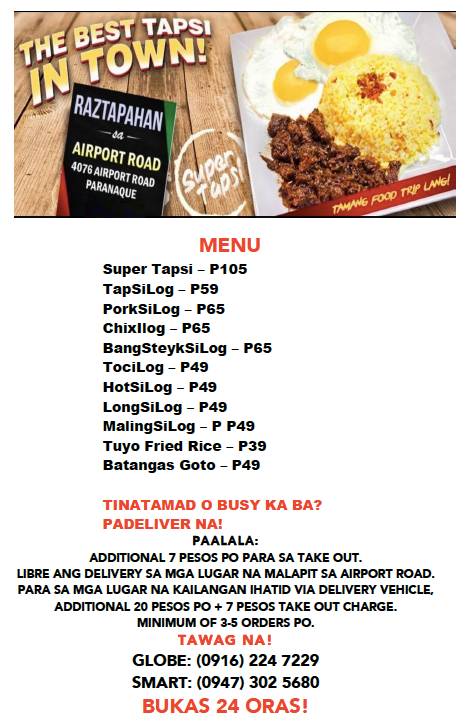 Menu at Raztapahan sa Airport Road restaurant, Parañaque