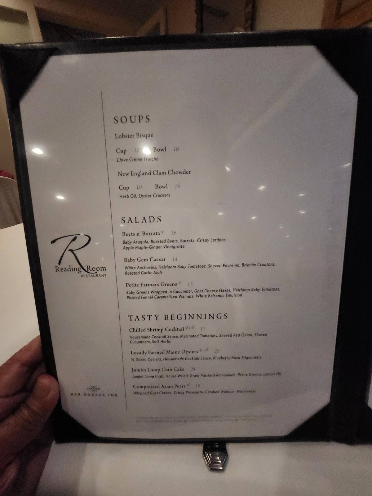 Menu at Reading Room Restaurant, Bar Harbor