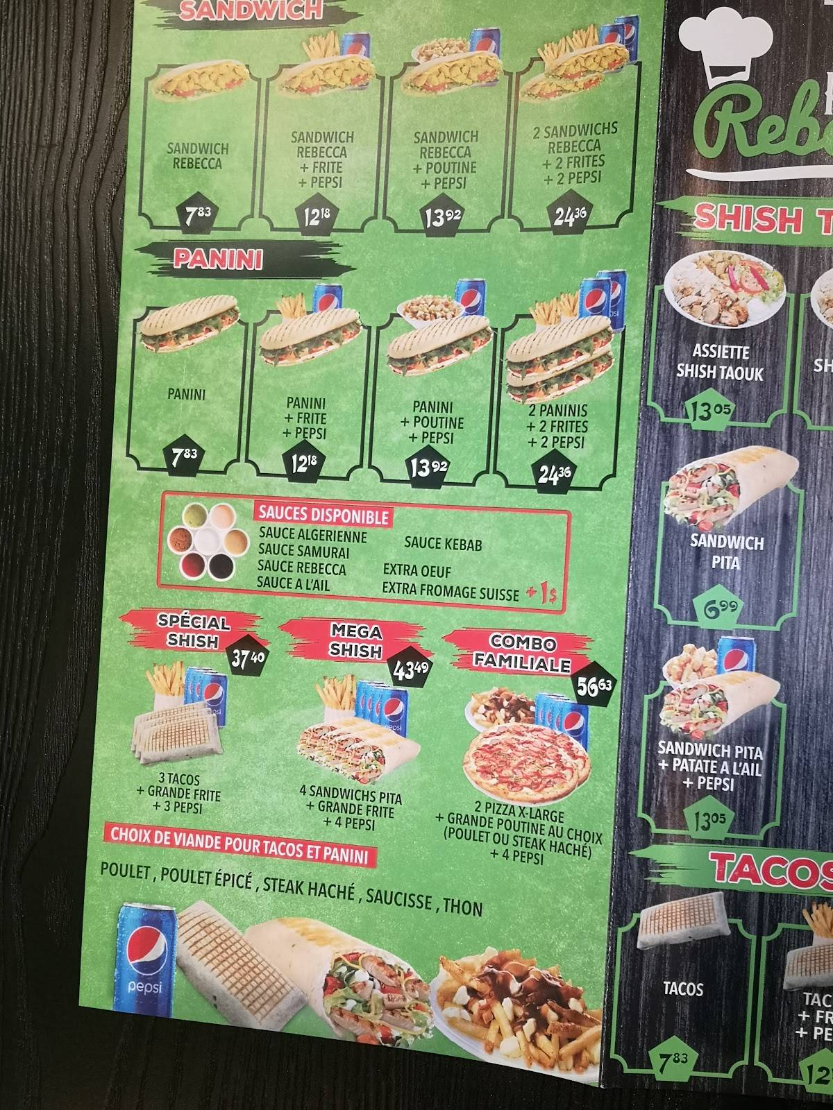 Menu at Rebecca Shish Taouk restaurant, Montréal