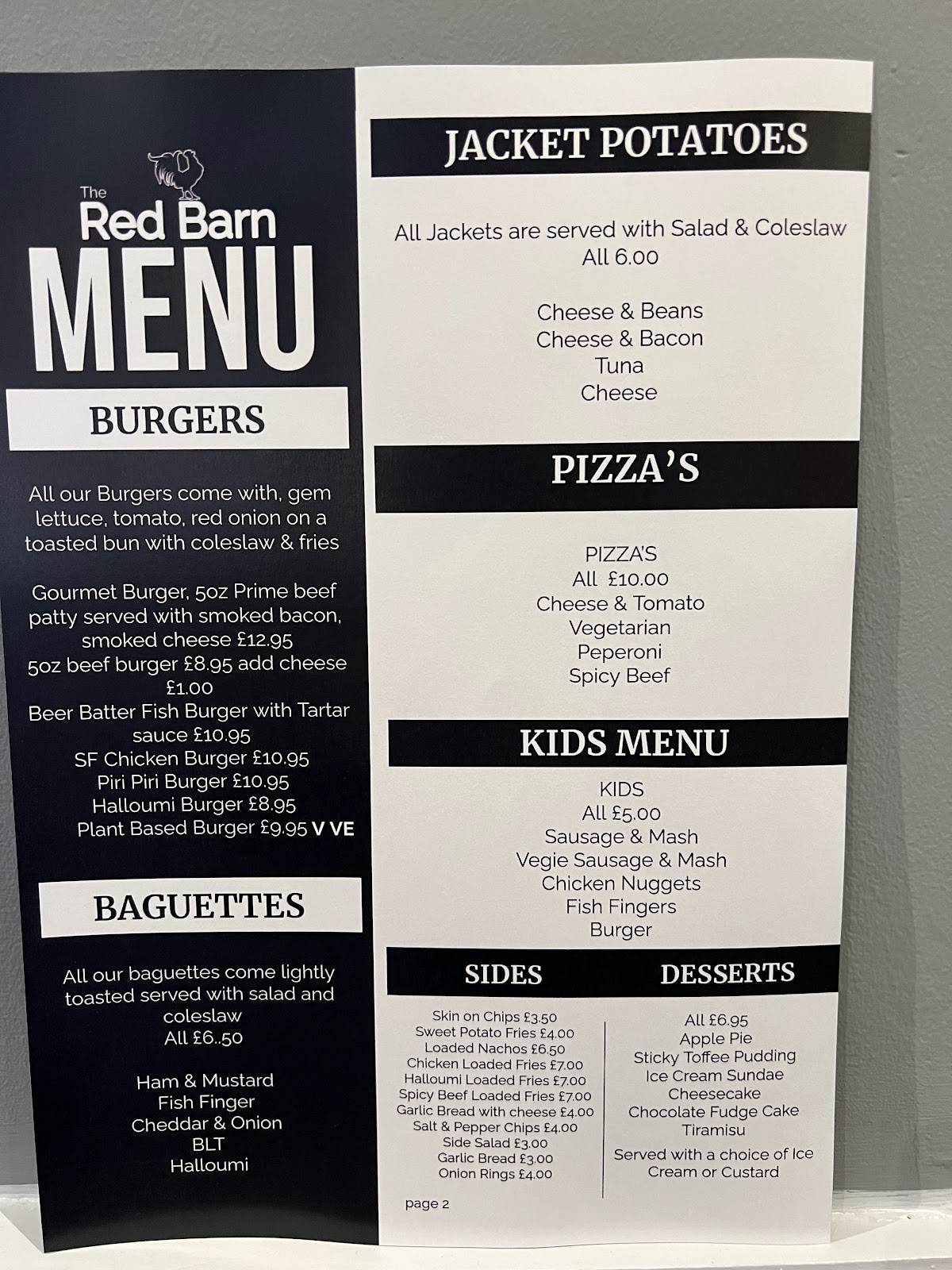 Menu at Red Barn, Shrewsbury