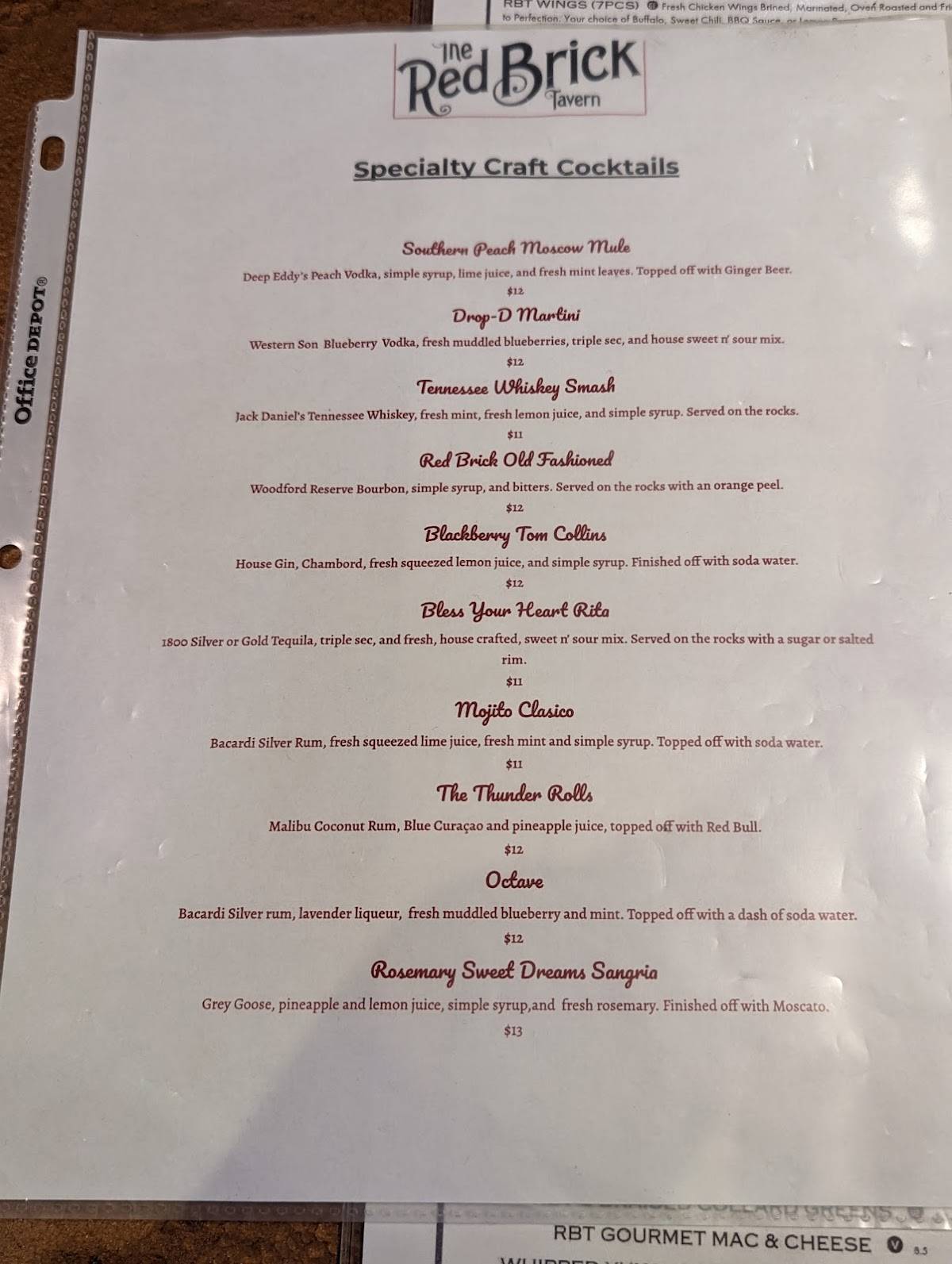 Menu at Red Brick Tavern restaurant, Conroe, 119 Simonton St