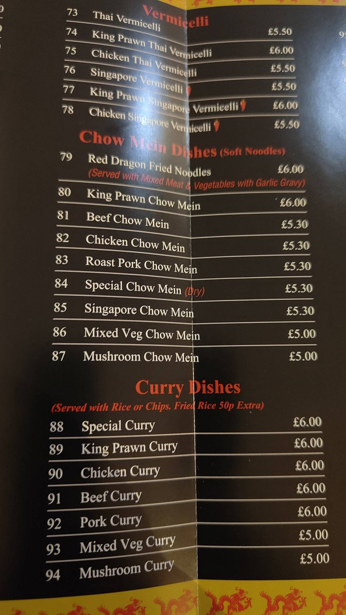 Menu at Red Dragon Takeaway fast food, Weston-super-Mare