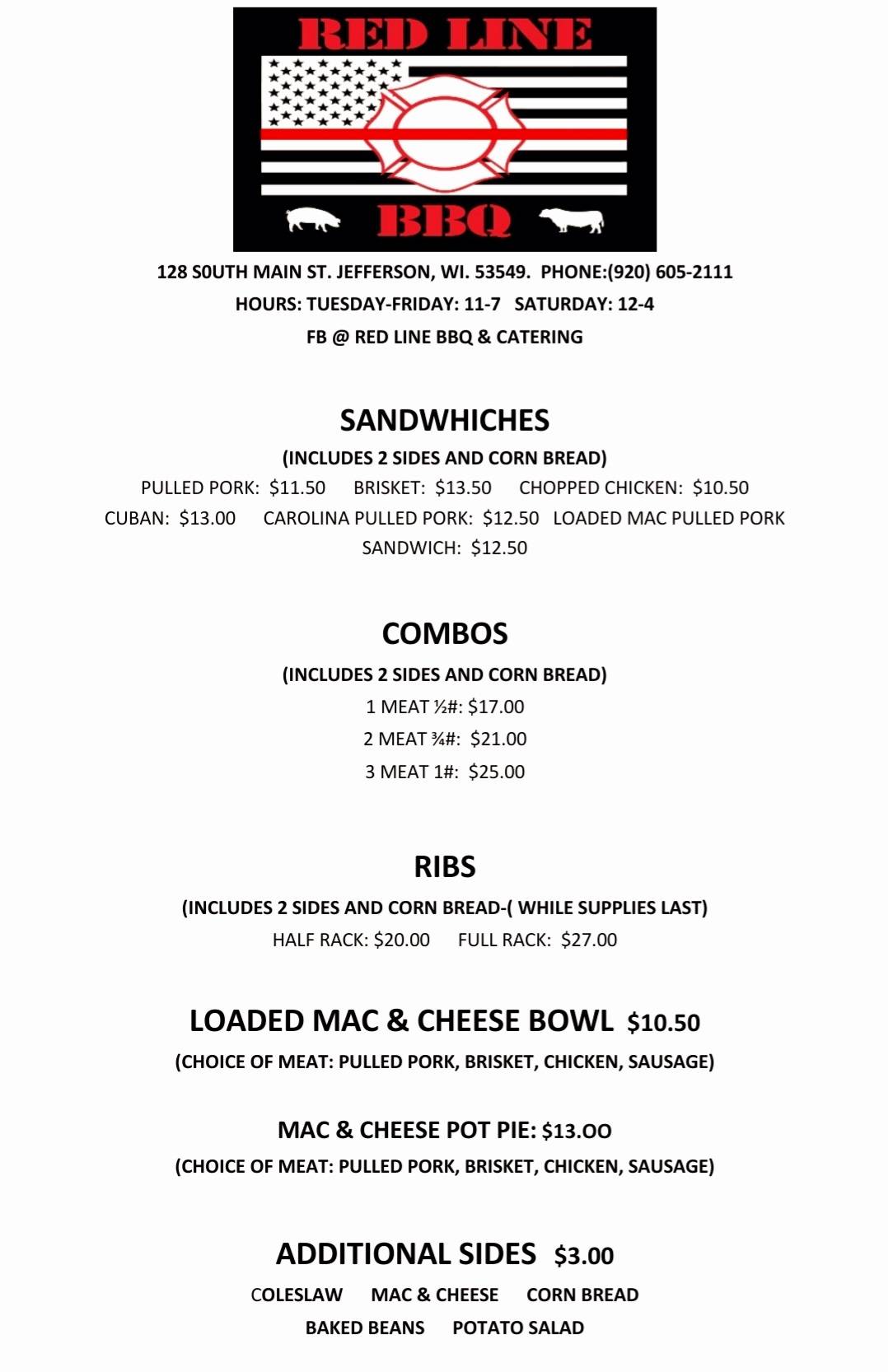 Menu at Red Line BBQ and Catering, Jefferson