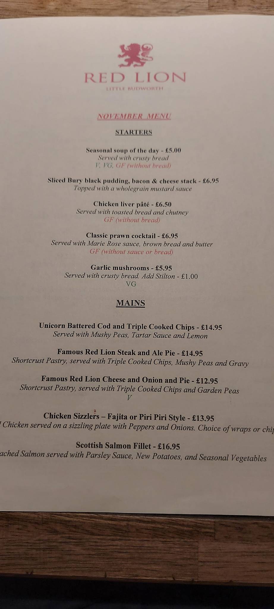Menu at Red Lion, Little Budworth pub & bar, Little Budworth